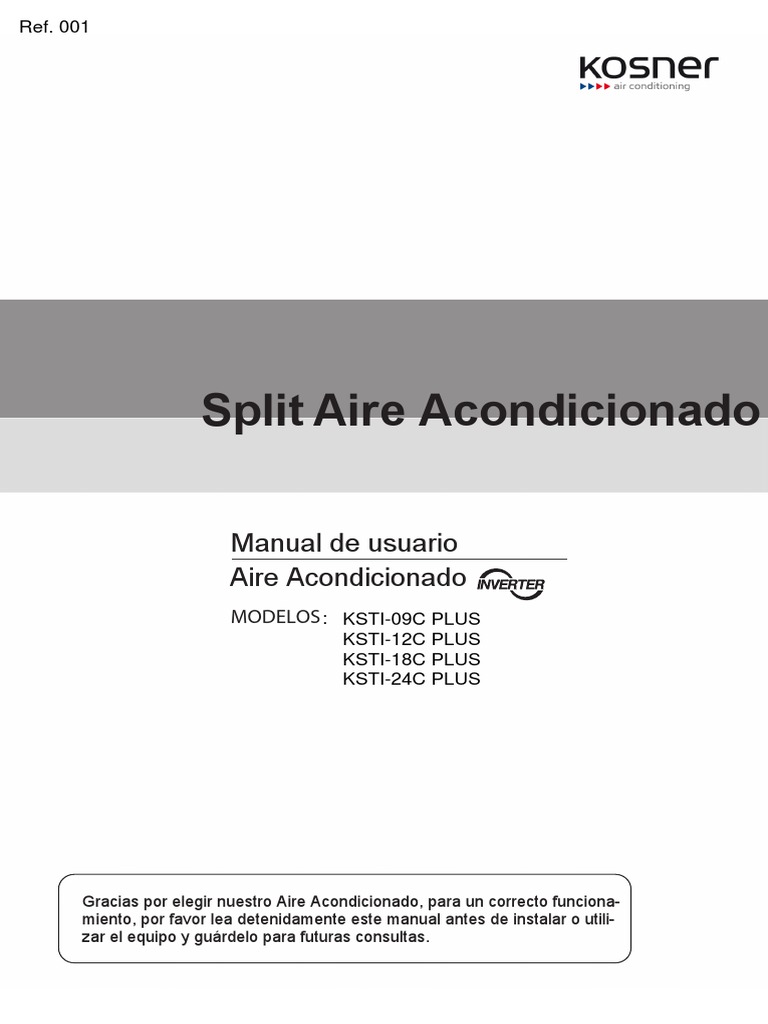 Manual de Usuario Split Pared Inverter Kosner KSTI 9C-12C-18C-24C Plus | Descargar gratis PDF ...