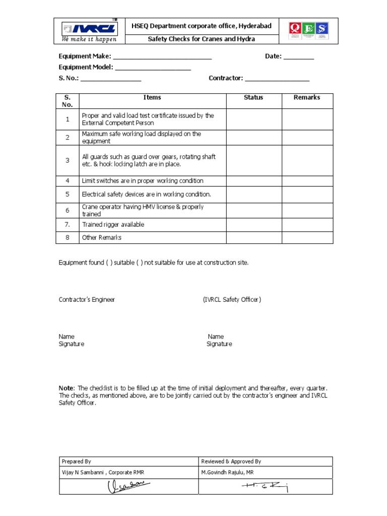 Checklist For Hydra - Cranes | PDF