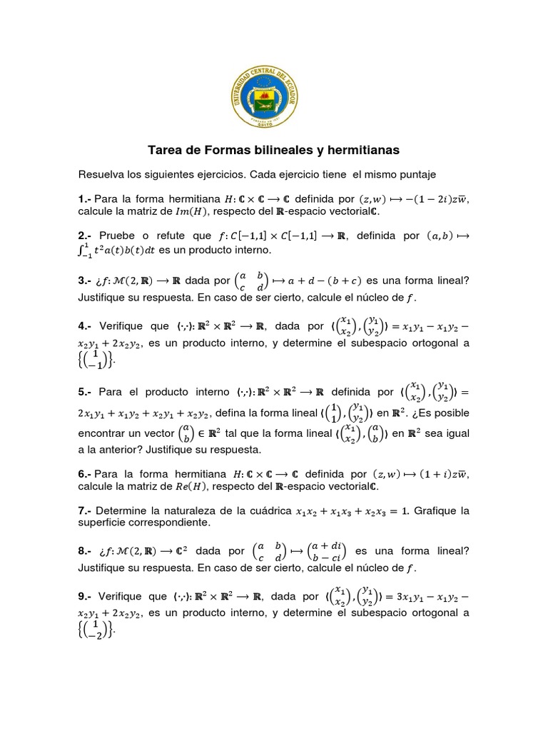 Tarea de Formas Bilineales y Hermitianas | PDF | Base (álgebra lineal) | Álgebra abstracta