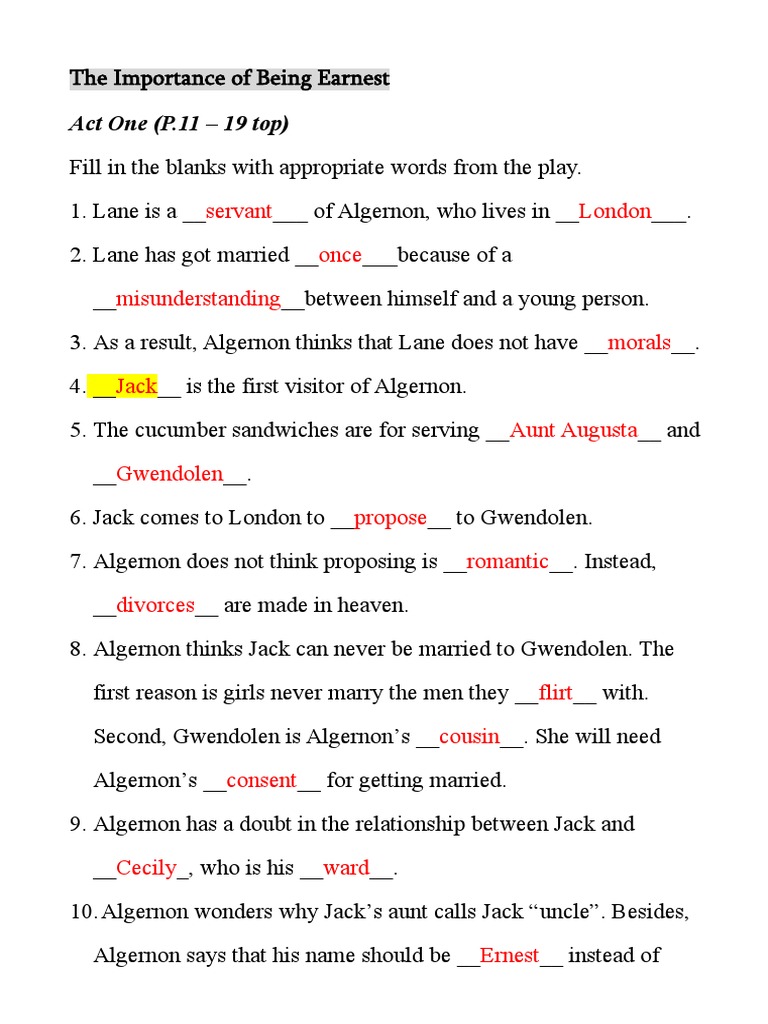 Act 1 Answer Key | PDF | The Importance Of Being Earnest
