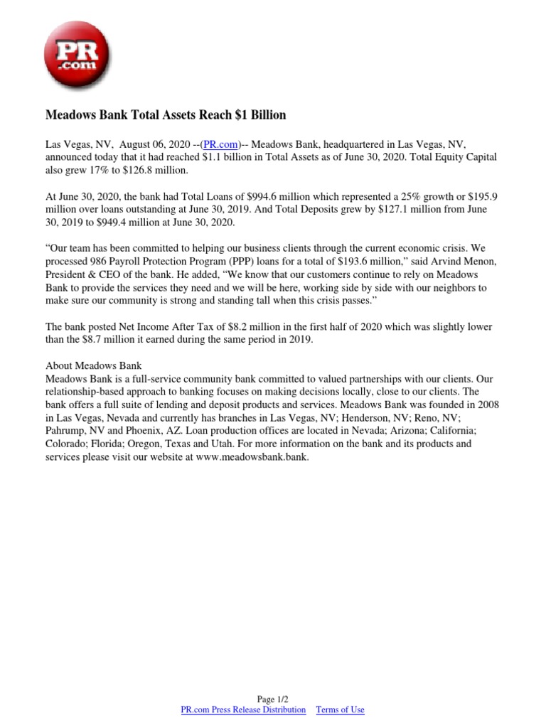 Meadows Bank Total Assets Reach $1 Billion | PDF | Nevada | Banks