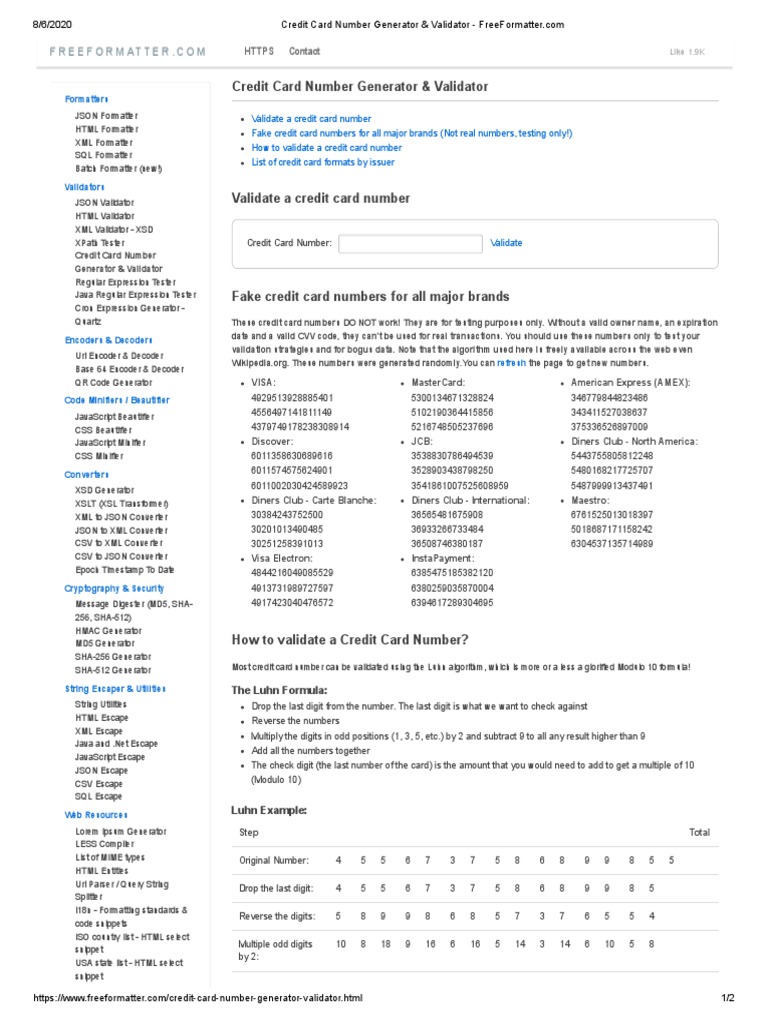 Credit Card Number Generator & Validator | PDF | Json | Credit Card
