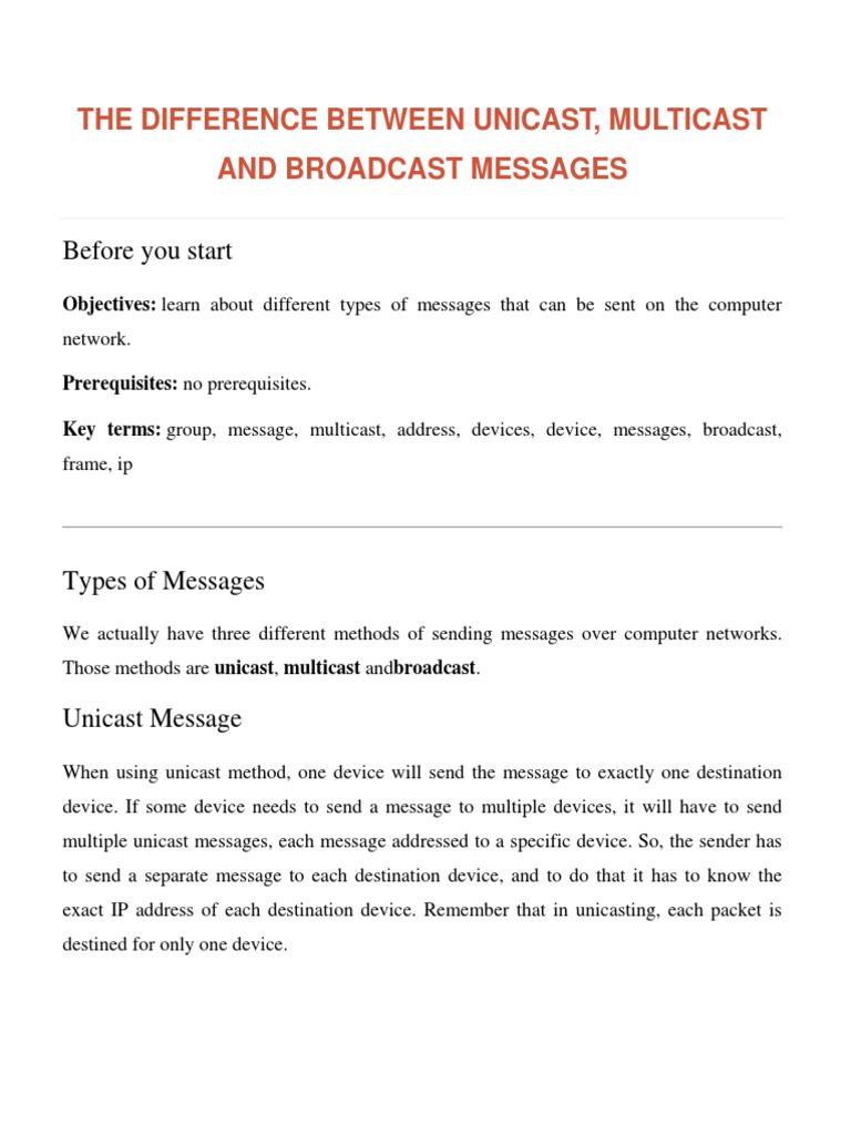 The Difference Between Unicast Multicast And Broadcast Messages Pdf