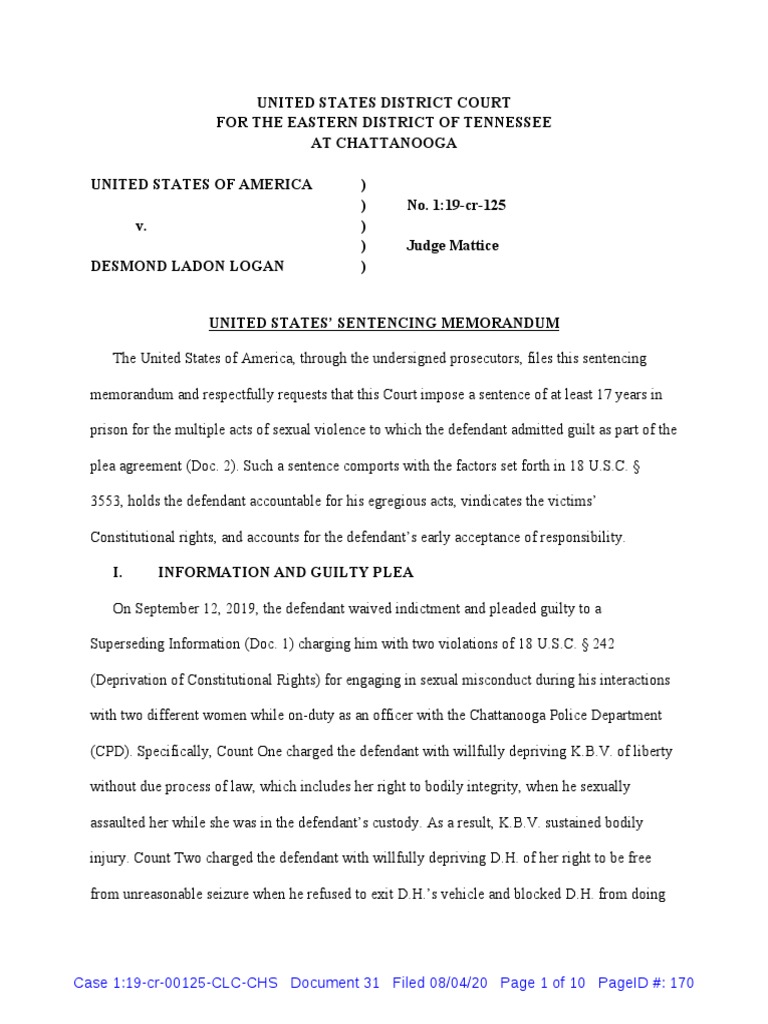 Desmond Logan Sentencing Brief Filed by Federal Prosecutors | PDF ...