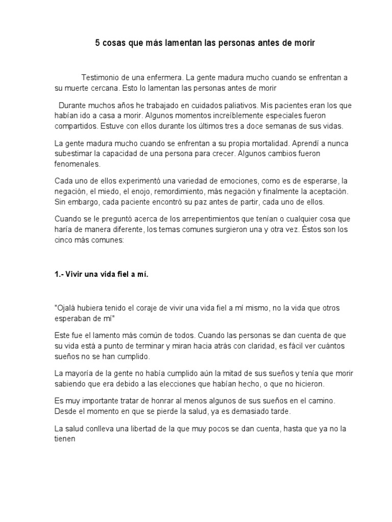 5 Cosas Que Más Lamentan Las Personas Antes De Morir Pdf Vida Amor