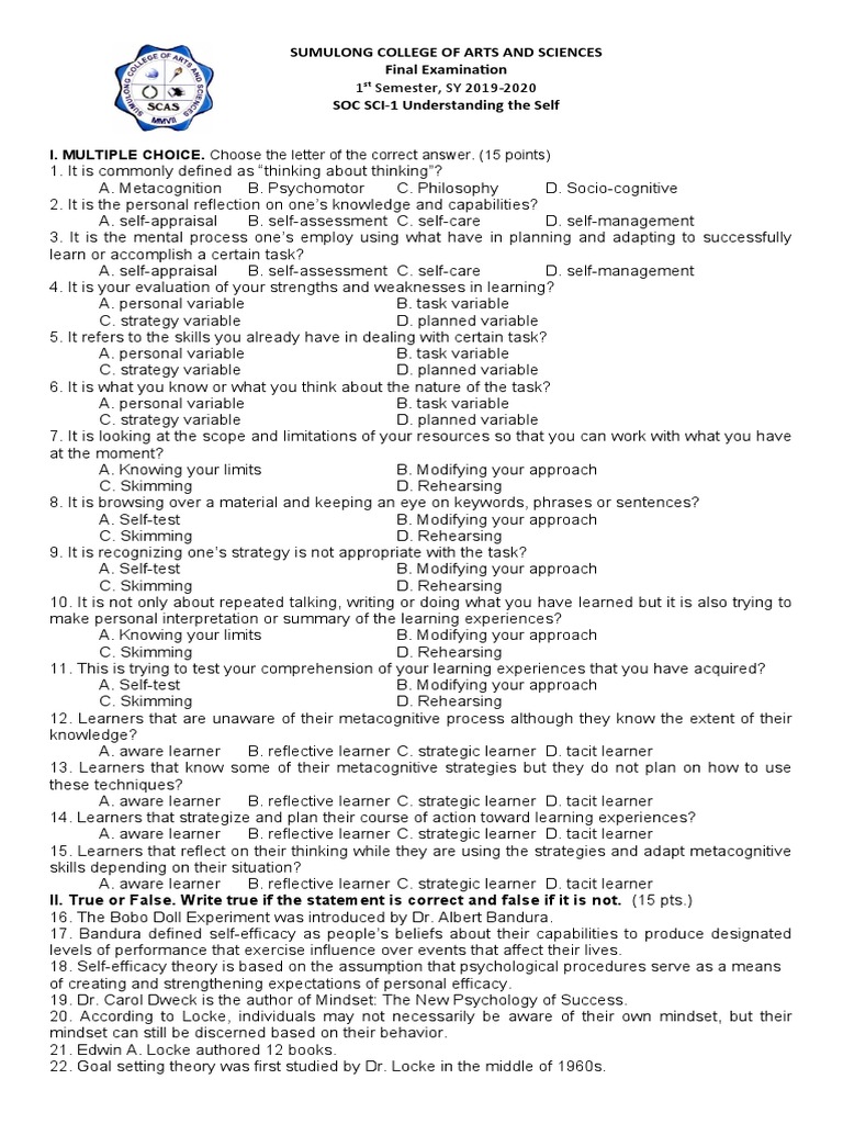 Sumulong College of Arts and Sciences Final Examination SOC SCI-1 Understanding The Self | PDF ...