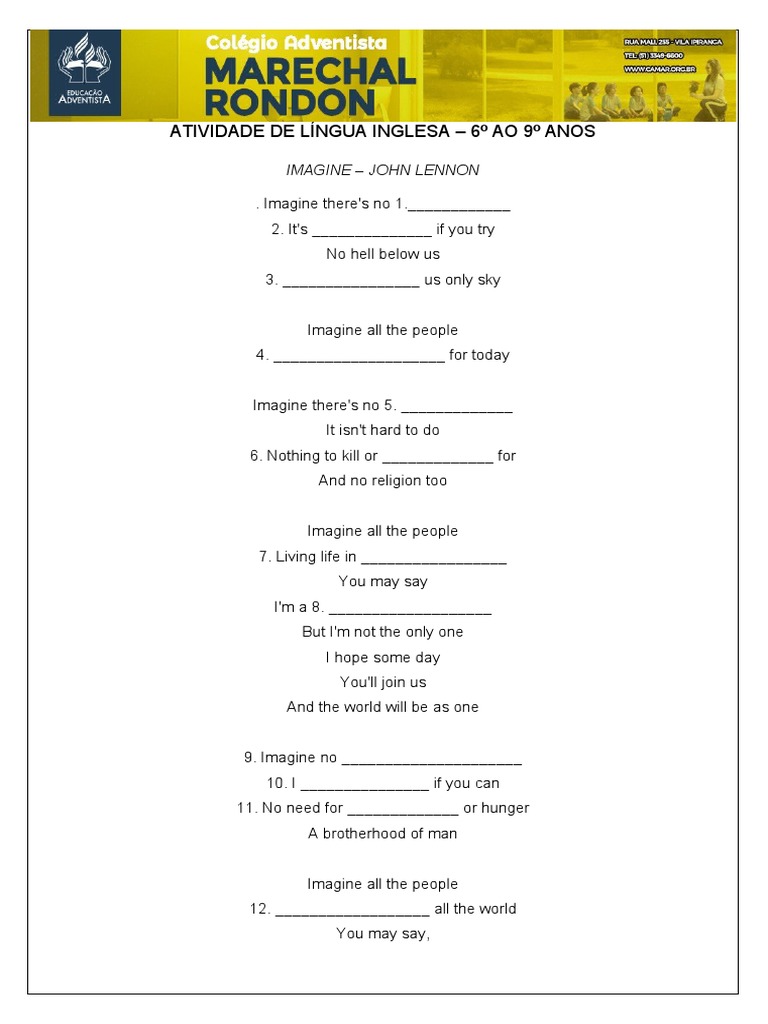 English Activity: "Imagine" Lyrics Fill-in | PDF