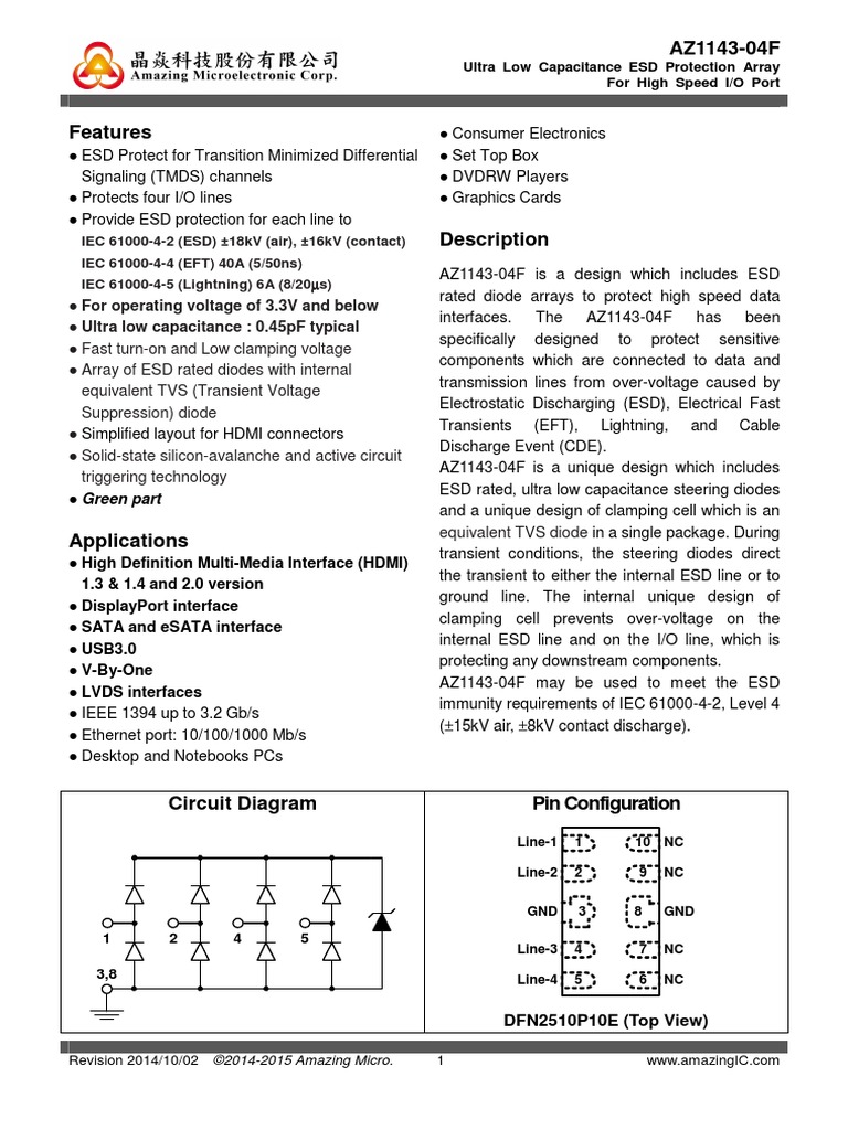 AZ1143-04F Datasheet | PDF | Electrostatic Discharge | Transmission Line