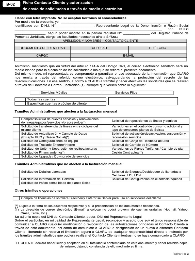 B02 Ficha Contacto Cliente y Autorizacion A Traves de Medio Electronico 1 PDF | PDF ...