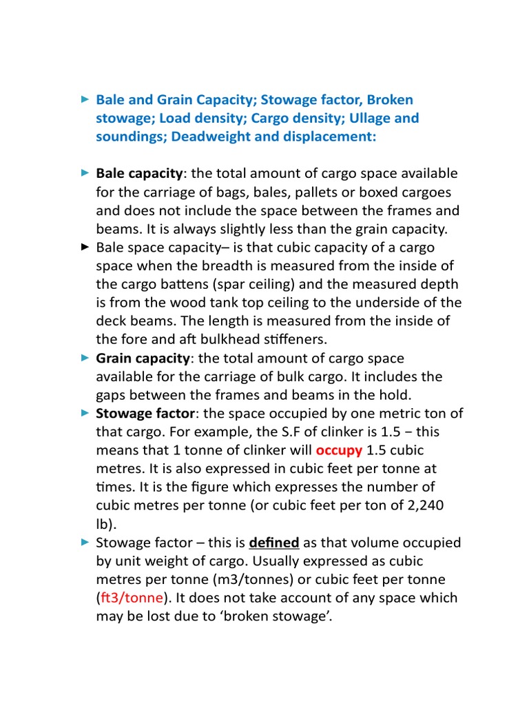Definitions of Bale and Grain Capacity and Others | PDF | Tonnage | Ships