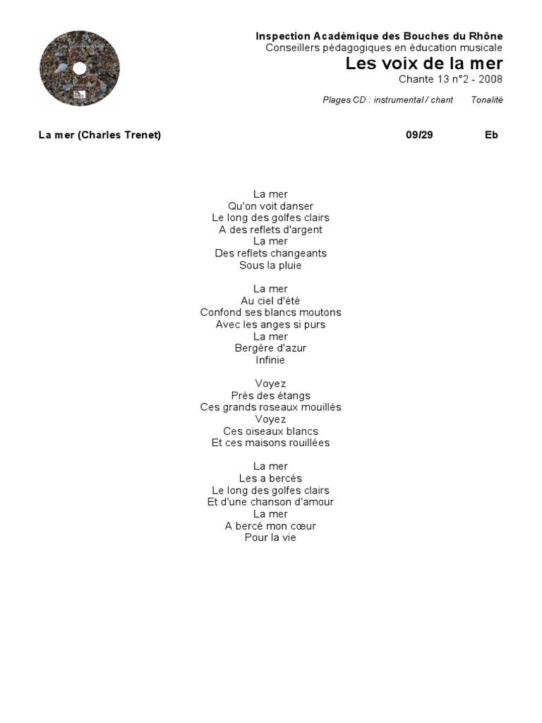 Paroles de "La Mer" de Charles Trenet | PDF
