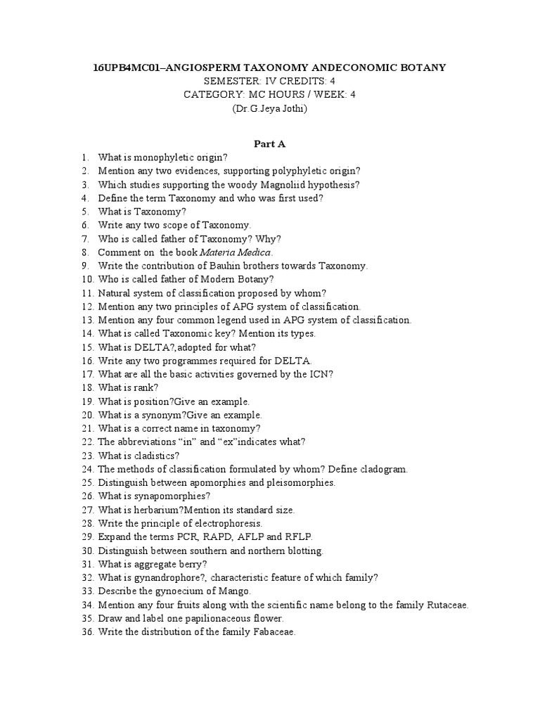 Taxonomy Question Bank | PDF | Taxonomy (Biology) | Botany