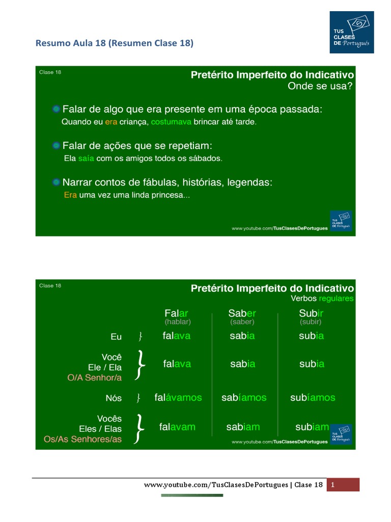 Resumo da Aula 18 sobre o Pretérito Imperfeito | PDF