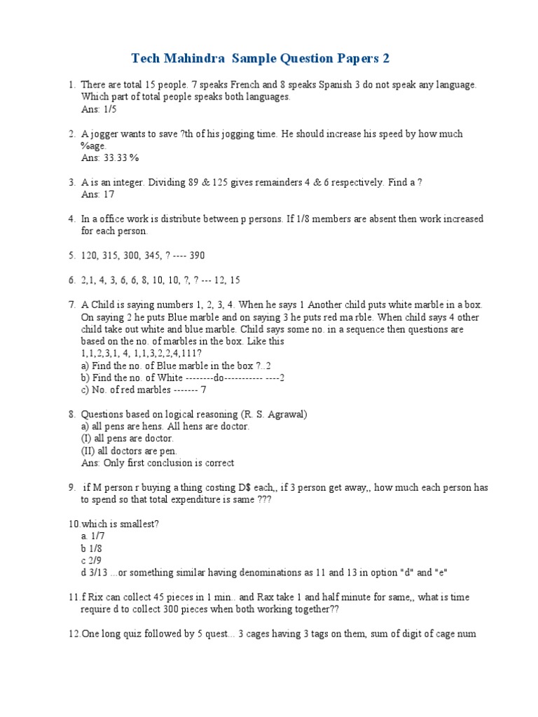 Tech Mahindra Placement Sample Paper 2 | PDF
