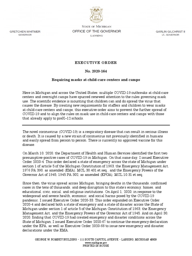 EO 2020-164 Emerg Order - Masks and Camps | PDF | State Of Emergency ...