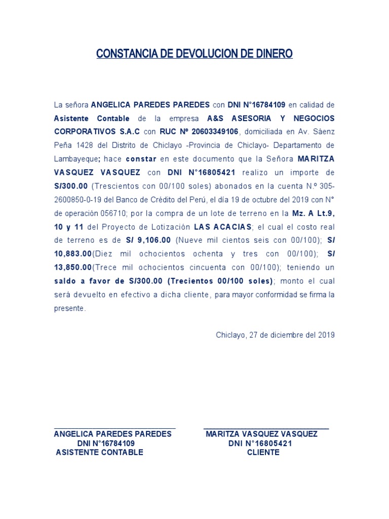 Constancia de Devolucion de Dinero | PDF