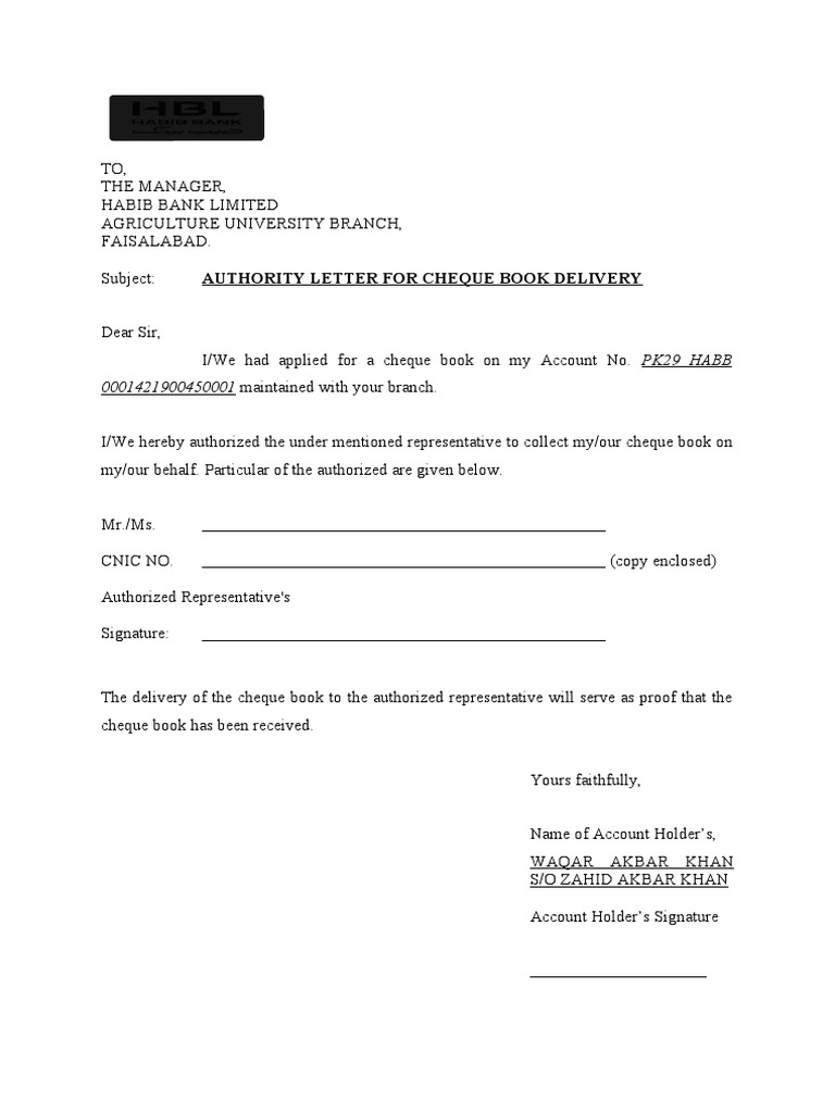 Authority Letter For HBL Cheque Book Receiving | PDF