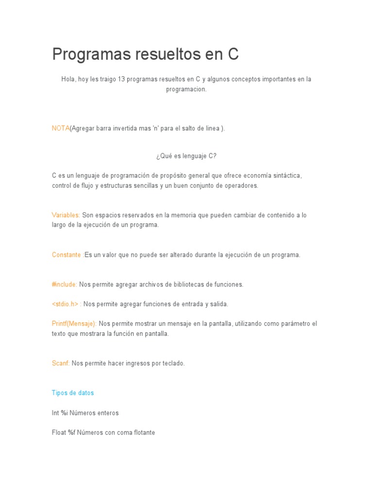 Programas Resueltos en C | PDF | Lenguaje de programación | Programa de ...