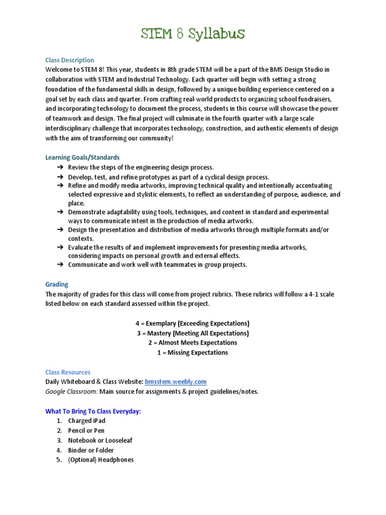 20-21 Stem 8 Syllabus | PDF | Rubric (Academic) | Science, Technology ...