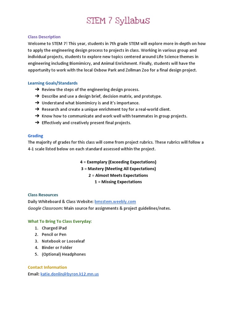 Updated 20-21 Stem 7 Syllabus | PDF | Rubric (Academic) | Science ...