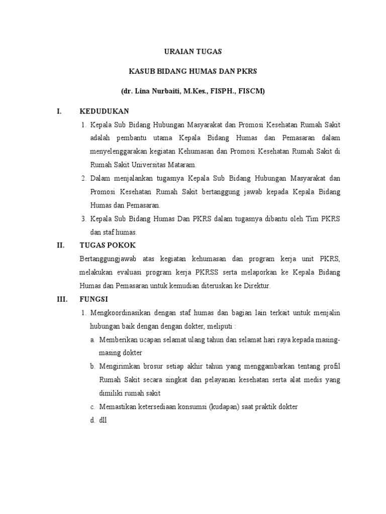 Tupoksi Kasub Bidang Humas Dan PKRS - V2 | PDF
