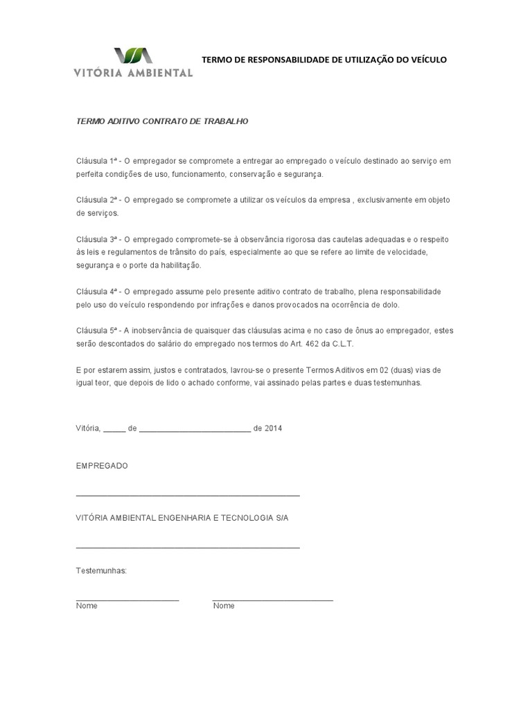 Termo De Utilização Do Veículo Padrão Pdf