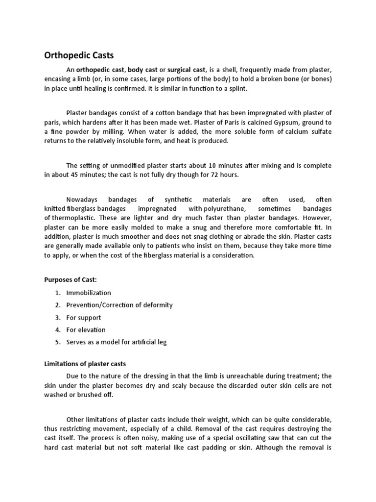 Orthopedic Casts: Purposes of Cast | PDF | Musculoskeletal System | Plaster