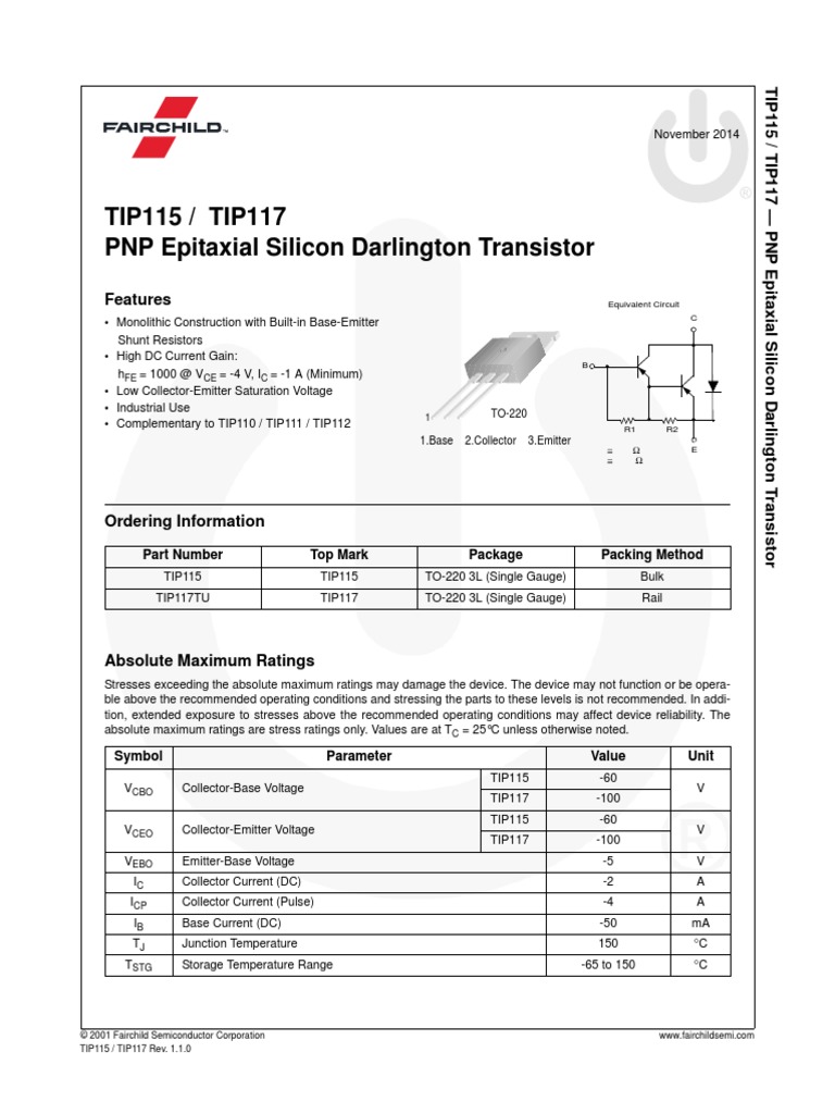 TIP115 / TIP117 PNP Epitaxial Silicon Darlington Transistor | PDF ...