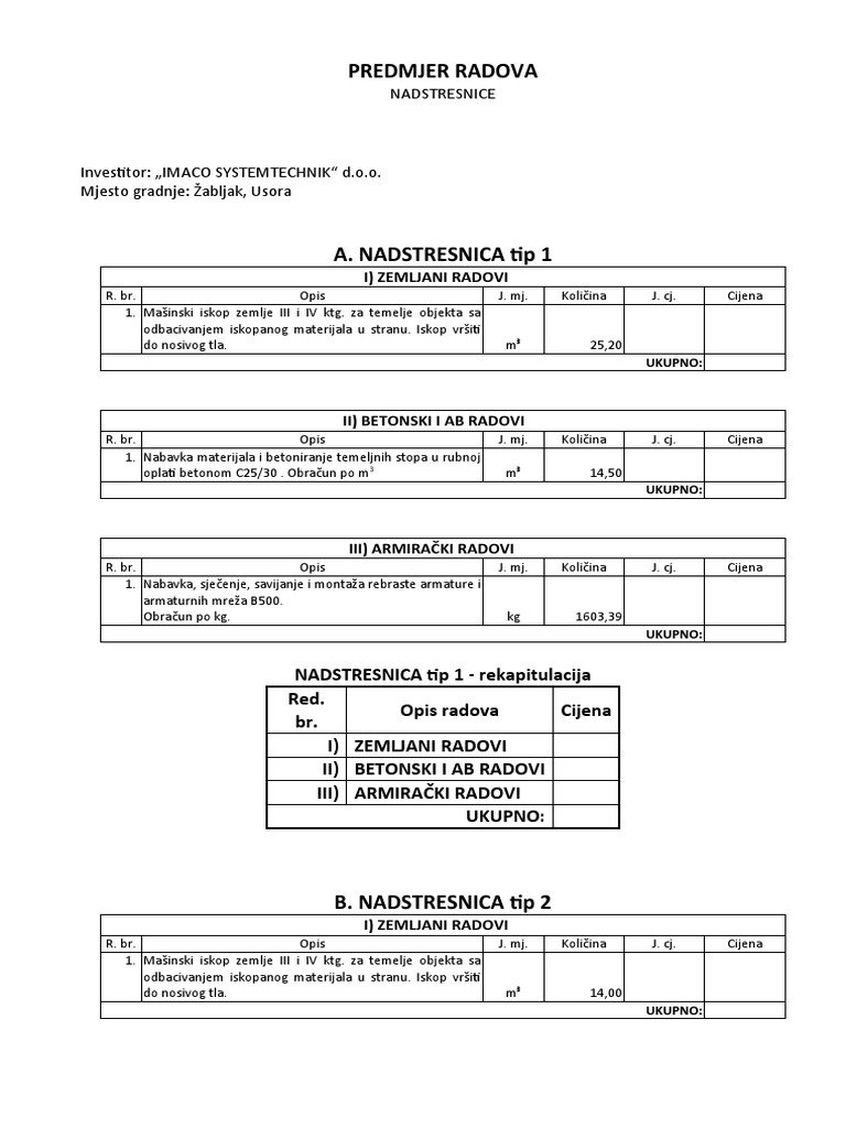 Predmjer Radova Nadtresnice | PDF
