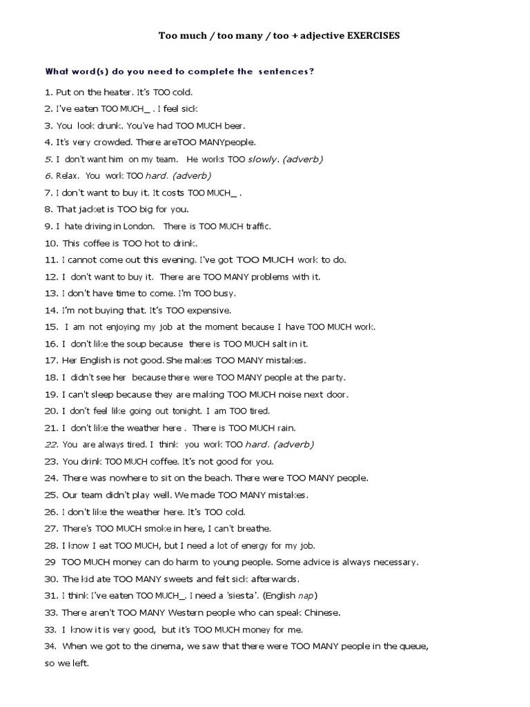 Too Much Many Too Adjective Exercises With Ak | PDF