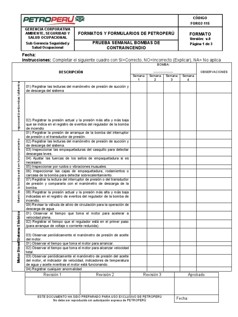 Foro2-115 - Prueba Semanal Bombas de Contra Incendio | PDF | Bomba | Ingeniería mecánica