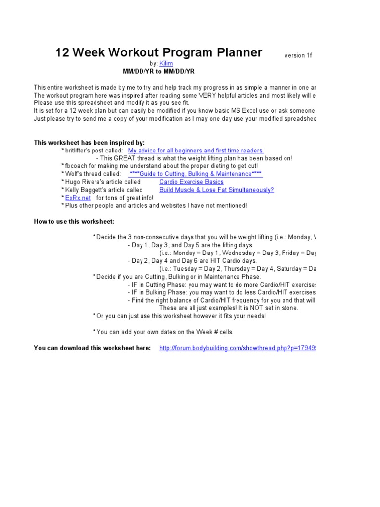 12 Week Workout Program Planner v1f | PDF | Body Mass Index ...