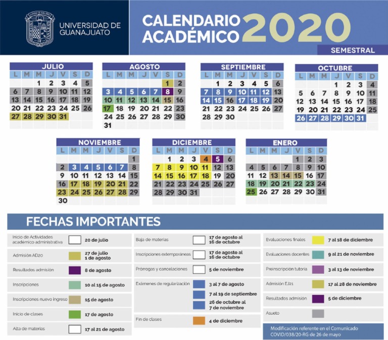 Universidad de Guanajuato Calendario Semestral 2020 | PDF
