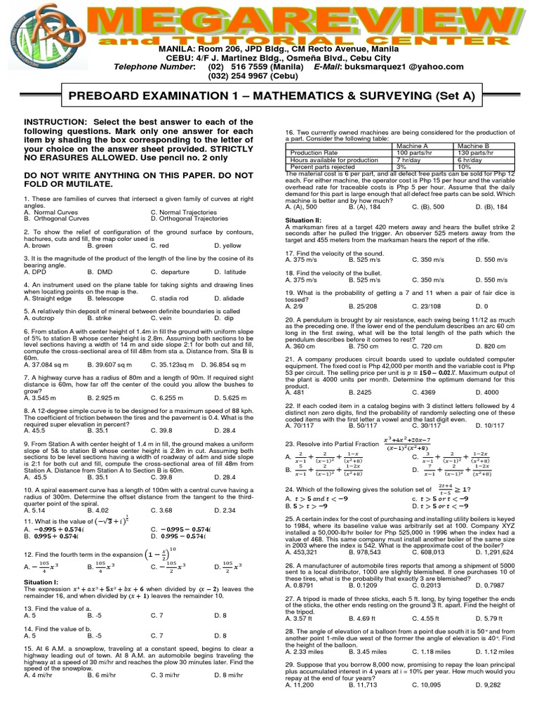 Preboard Examination 1 - Mathematics & Surveying (Set A) : Situation II | PDF | Area | Geometry