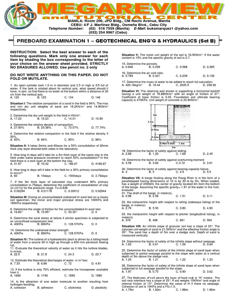 Preboard Examination 1 - Geotechnical Eng'G & Hydraulics (Set B) | Download Free PDF | Soil ...