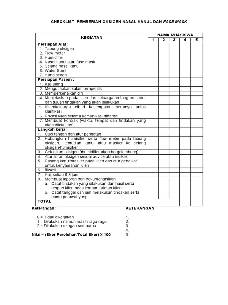 Checklist Prosedur Oksigen dan Drainase | PDF