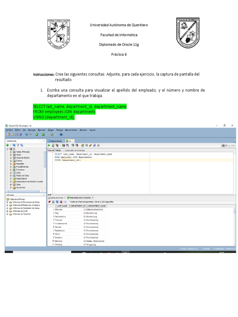Consultas SQL para Oracle 11g en Informática | PDF | Bases de datos | Gestión de datos