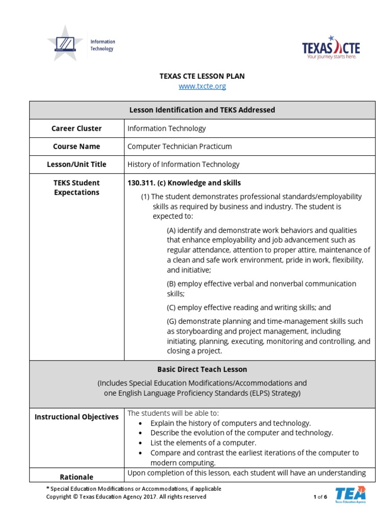 Lesson Plan History of Information Technology - 0 | PDF | Learning ...