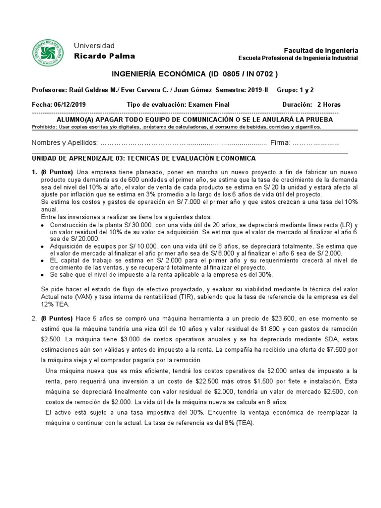 INGECO Examen Final 2019 II - Coordinado | PDF | Valor de mercado | Mercado (economía)