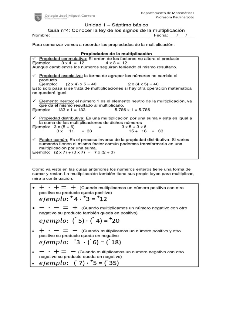 Matemática Séptimo-Básico Guía4 PDF | PDF | Multiplicación | Álgebra abstracta