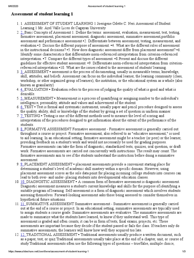 Assessment of Student Learning 1 | PDF | Educational Assessment | Test ...