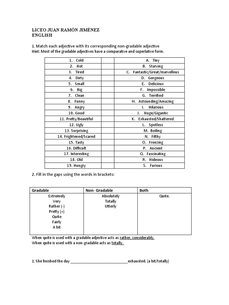 Match Each Adjective With Its Corresponding Non-Gradable Adjective ...