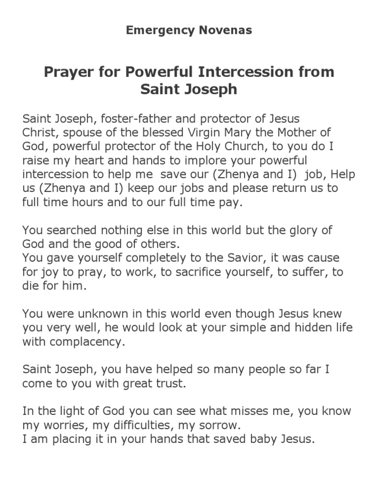 Prayer For Powerful Intercession From Saint Joseph: Emergency Novenas | PDF