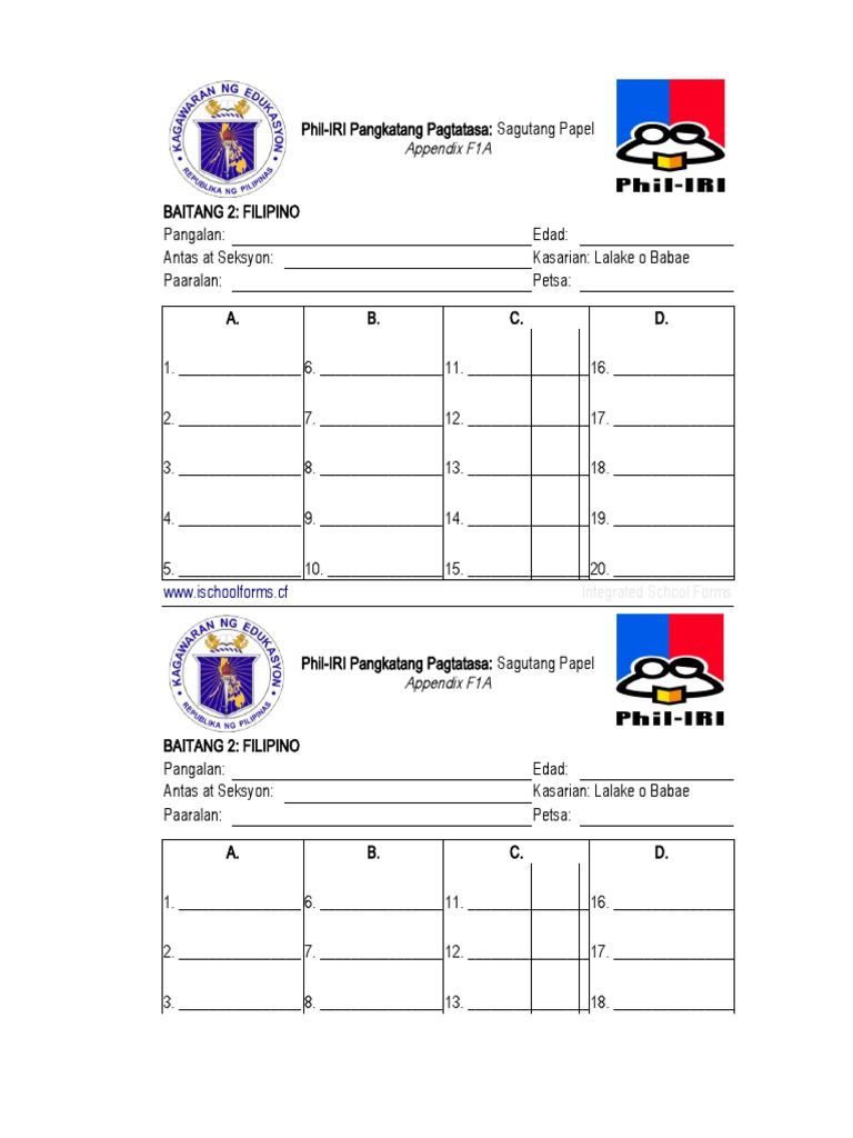 Phil-IRI Answer Sheet Filipino-Grade 2 | PDF