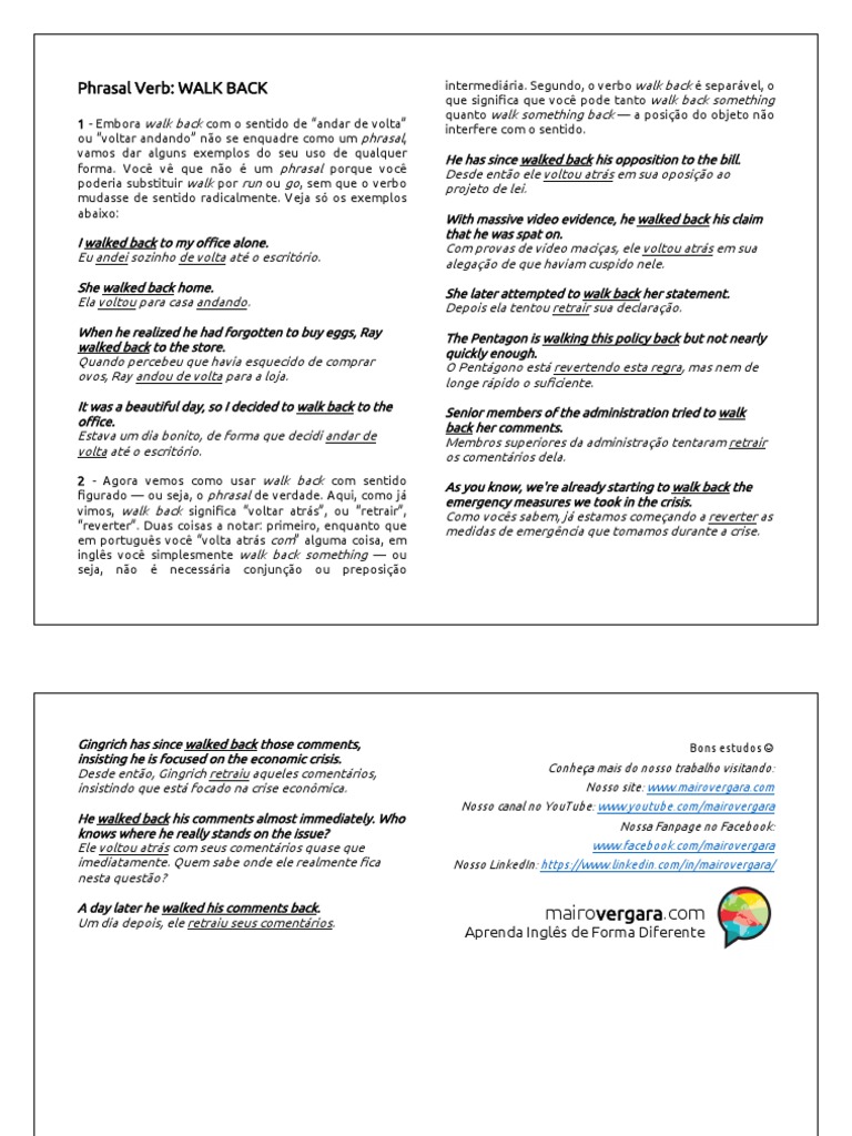 WALK BACK - Phrasal Verbs - Mairo Vergara PDF | PDF | Artes ...
