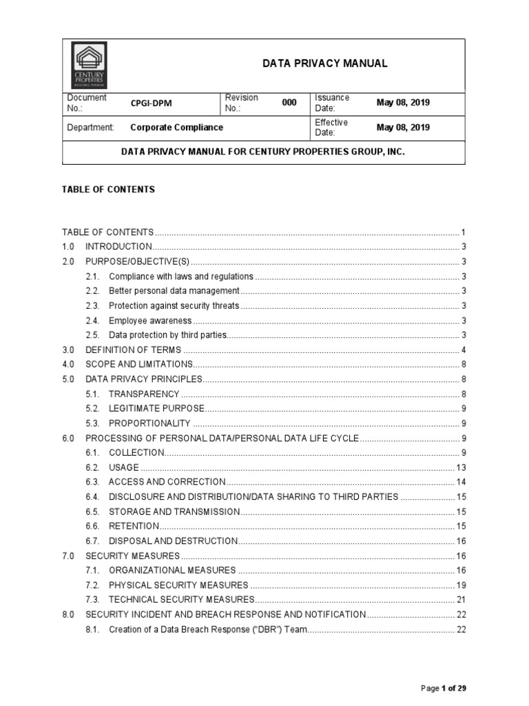 Data Privacy Manual for Century Properties | PDF | Privacy | Privacy Policy