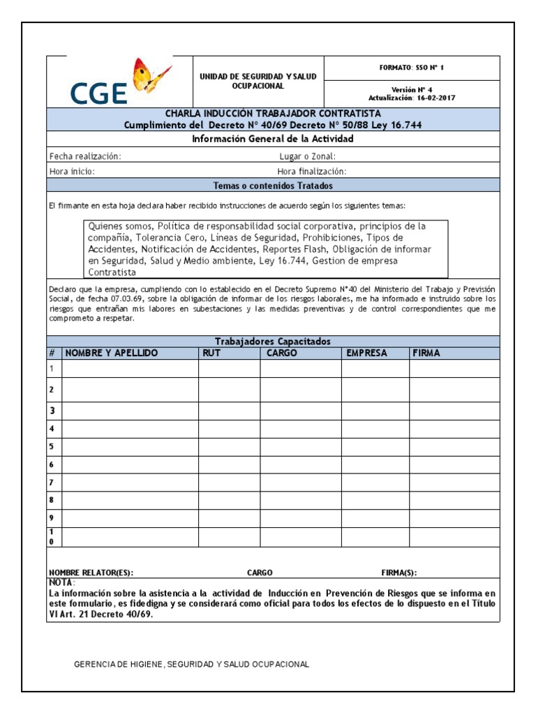 016 CGE FORMATO CHARLA INDUCCIÓN TRABAJADOR CTTA v3 - 2 | PDF | Derecho