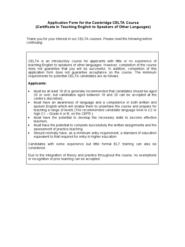 Application Form For The Cambridge CELTA Course (Certificate in ...