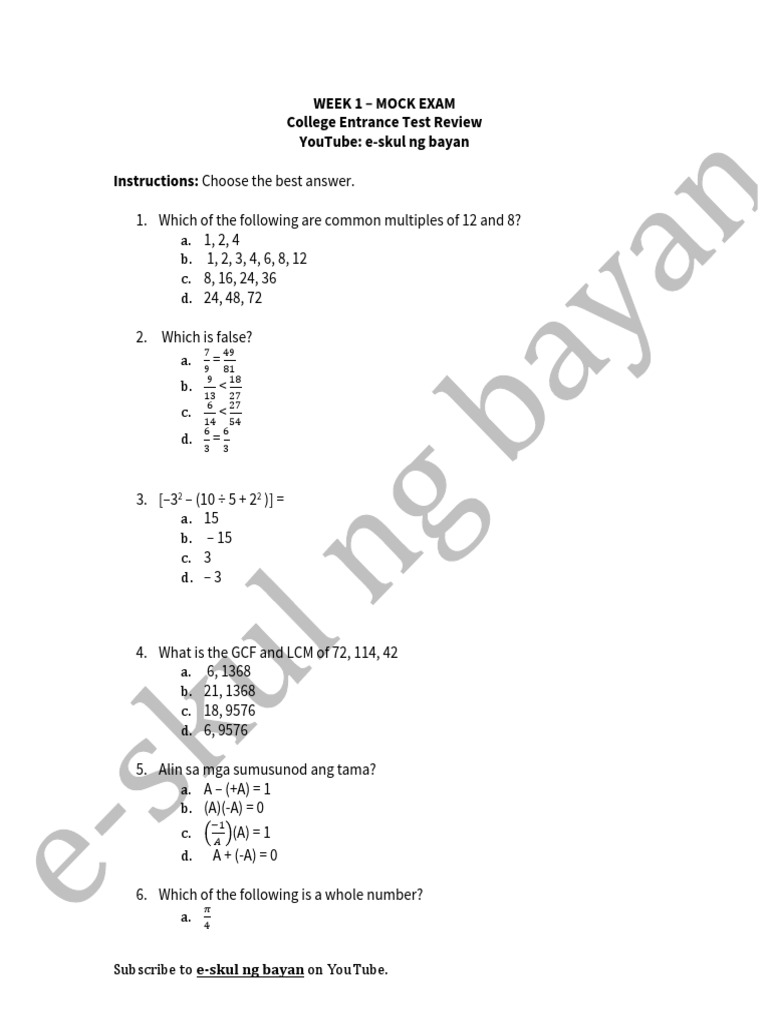 College Entrance Test Mock Exam Review | PDF | Numbers | Real Number