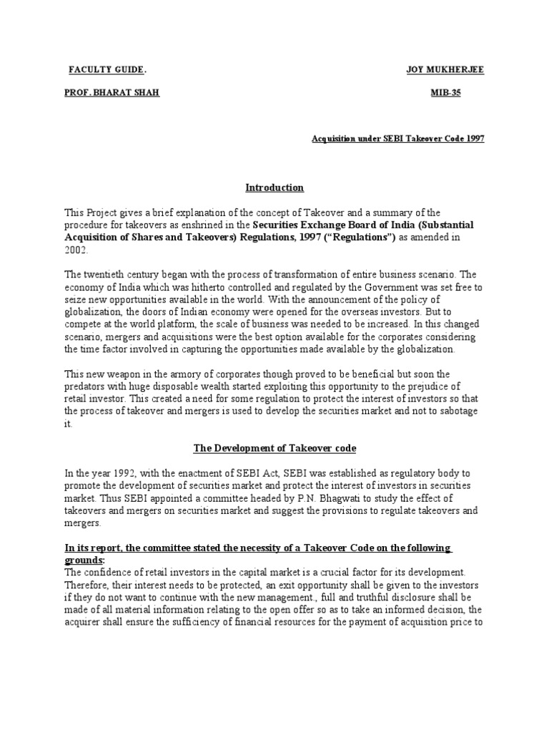 Sebi Takeover Code | PDF | Takeover | Mergers And Acquisitions